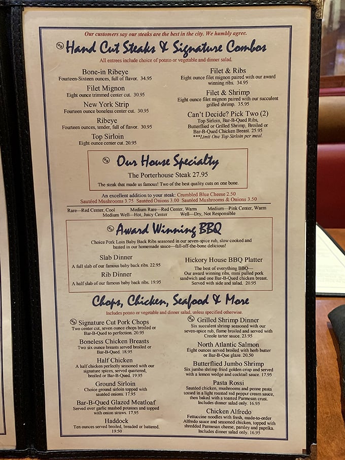 The menu tells the delicious truth: "Our customers say our steaks are the best in the city. We humbly agree." Spoiler alert: they're not being humble enough.