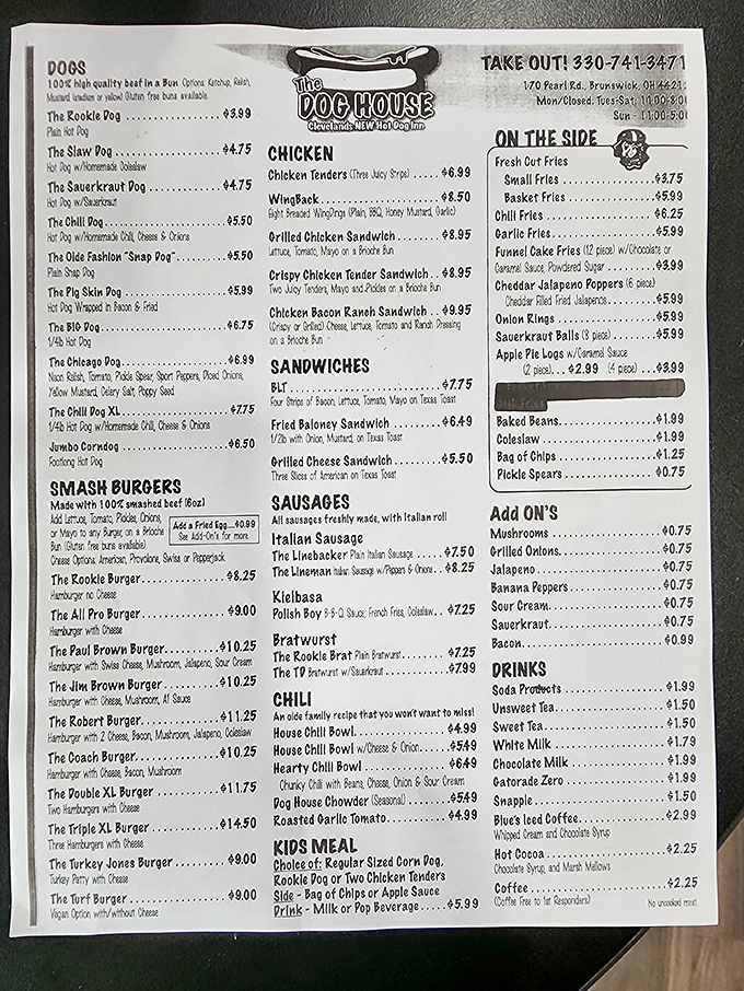 The menu reads like a road map to flavor country, with each hot dog creation more tempting than the last.