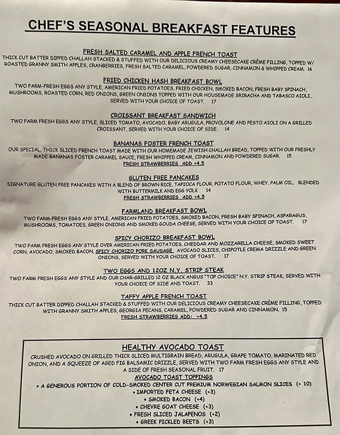 This menu reads like a love letter to breakfast enthusiasts. Each description promises a morning masterpiece that might just be worth setting your alarm for.