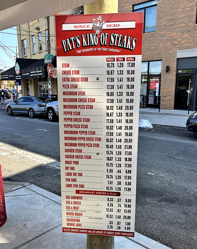The menu board at Pat's doesn't need fancy fonts or artisanal descriptions—just the straight talk of what might be the most important decision you'll make all day.