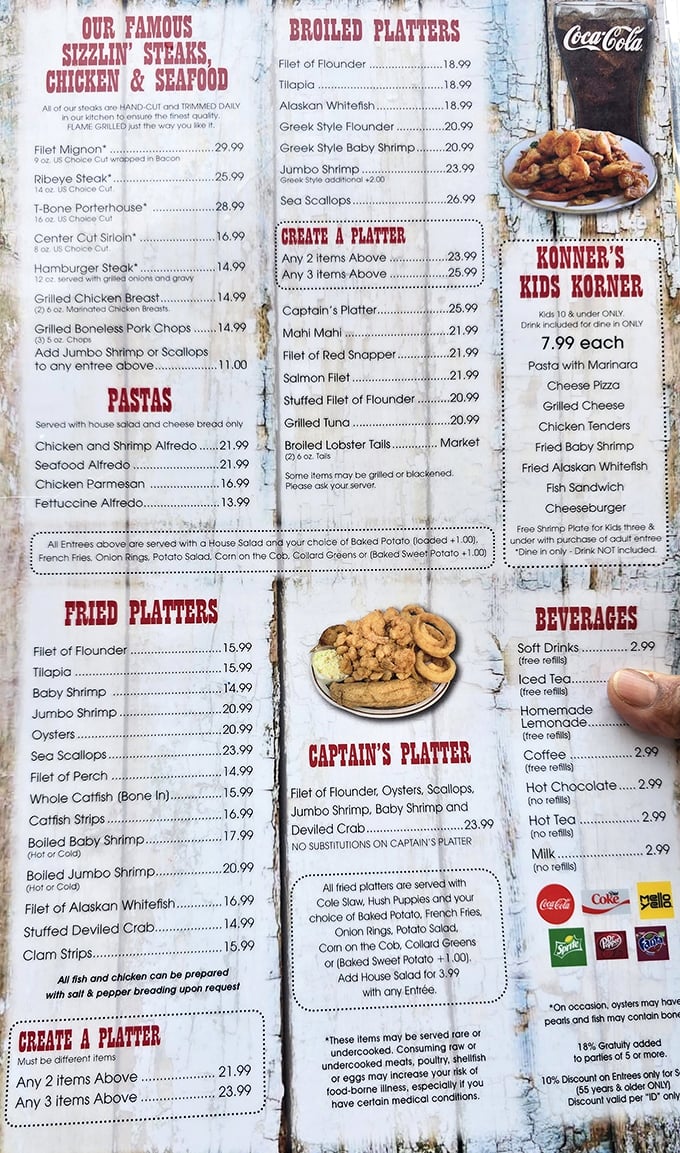 The menu at Captain Steve's reads like a love letter to the ocean. Decisions this difficult should come with a therapist on standby.