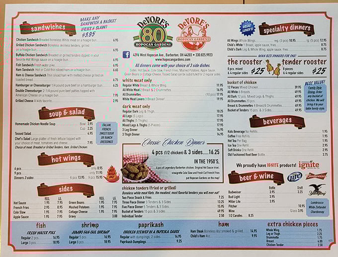 The menu at Hopocan Gardens reads like a love letter to comfort food classics, with fried chicken as the undisputed star.