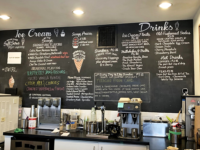 The chalkboard menu reads like a love letter to dairy. Each handwritten flavor name is a poem, each description a siren call.