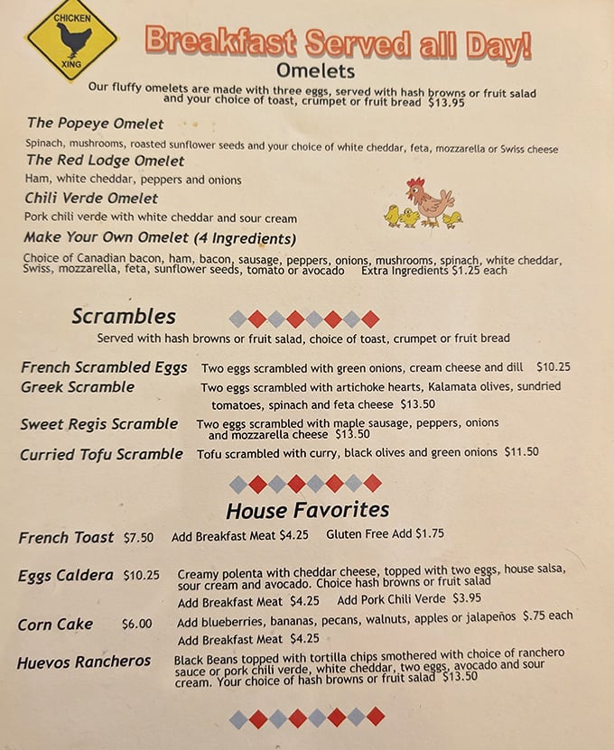 This isn't just a menu – it's a roadmap to breakfast nirvana. The hardest journey? Deciding between the Popeye Omelet and Sweet Regis Scramble.