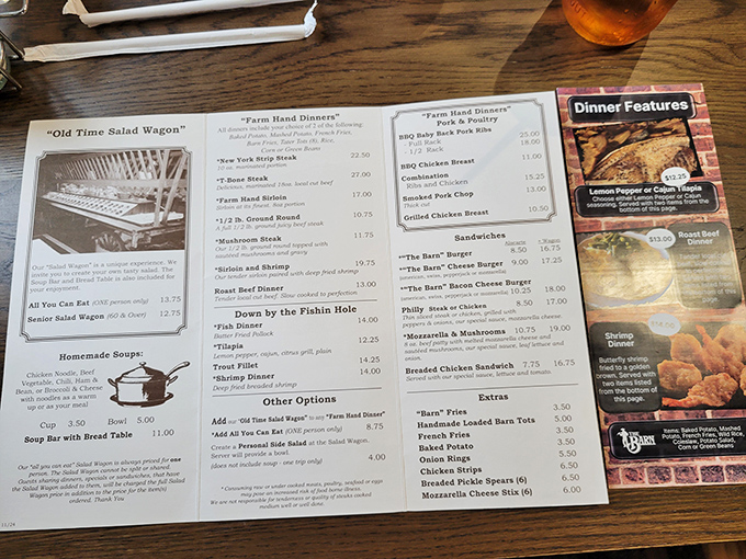 This isn't just a menu&mdash;it's a roadmap to happiness. The "Old Time Salad Wagon" and "Farm Hand Dinners" promise a journey through Ohio's heartland flavors.