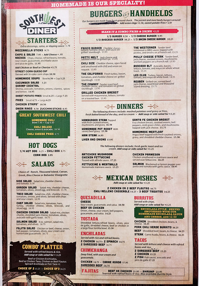 The menu reads like a love letter to comfort food—spanning from all-American classics to Southwestern specialties that'll make your taste buds dance.