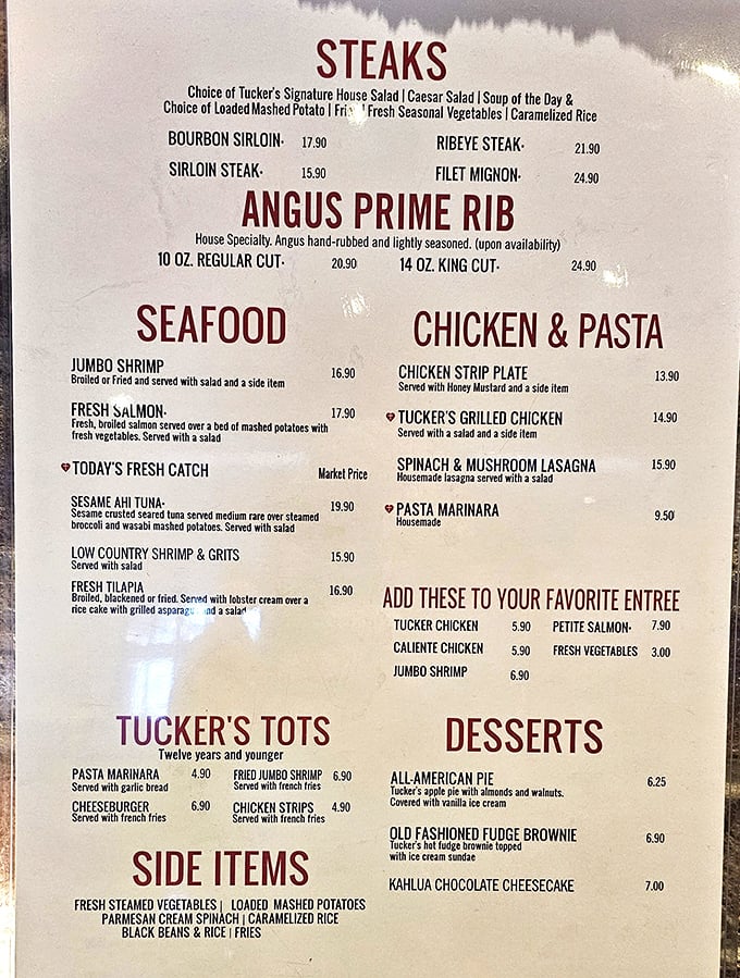 A menu that doesn't just list food—it maps out a journey of culinary possibilities. The prime rib alone is worth the drive.