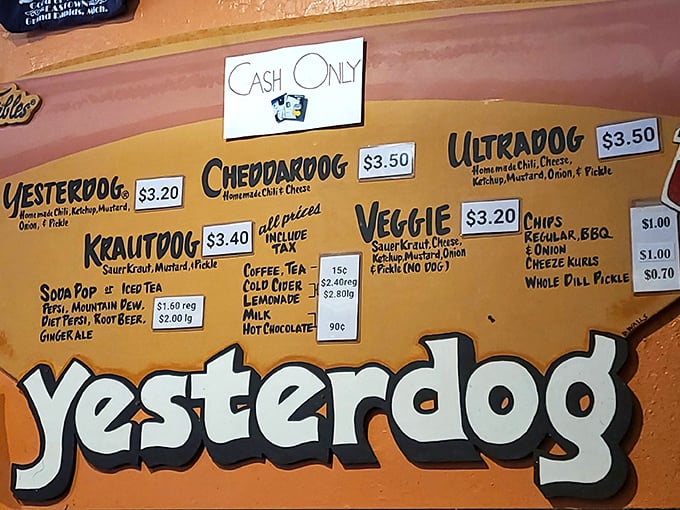 The menu board speaks the universal language of simplicity&mdash;five dogs, each with its own personality, no fancy chef terms required.