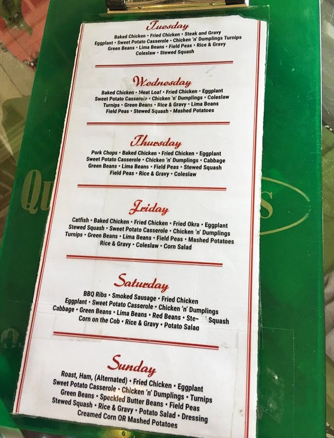 The weekly menu reads like a love letter to Southern cuisine. Notice how fried chicken appears every single day&mdash;that's not coincidence, that's necessity.