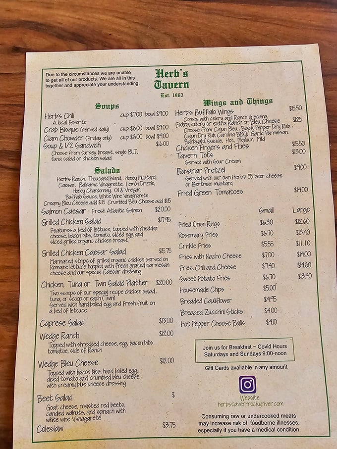 A menu that doesn't need fancy fonts or flowery descriptions&mdash;just honest tavern fare that's been perfecting the art of satisfaction since Kennedy was president.