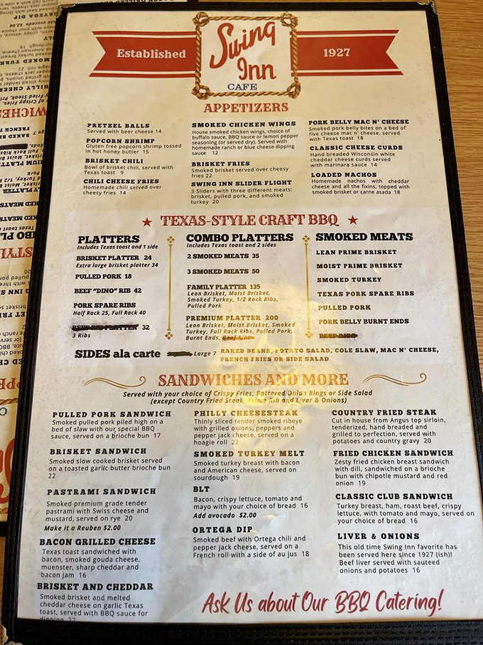 The menu reads like a love letter to Texas BBQ traditions, with enough options to require multiple visits for proper research.