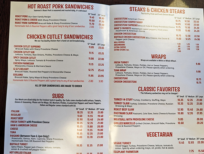 A menu that reads like poetry to sandwich lovers. Notice how the "Homemade Hot & Roasted Peppers" appear twice &ndash; they're that good!