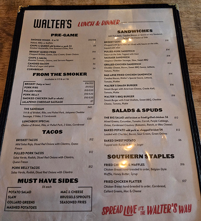This menu isn't just a list&mdash;it's a roadmap to delicious decisions and happy regrets. The "Spread Love It's The Walter's Way" tagline says it all.