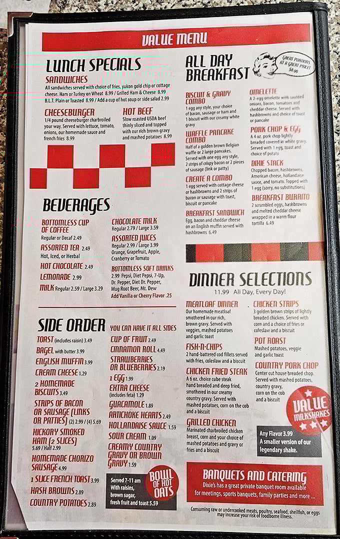 The menu reads like a greatest hits album of American comfort food classics, with breakfast served all day because some cravings know no clock.