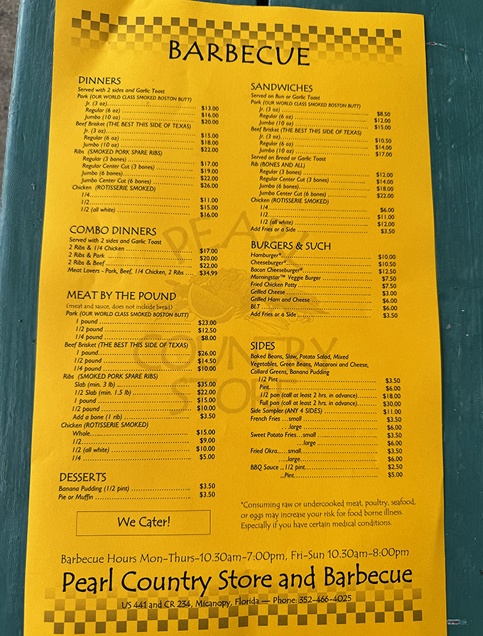 A menu that speaks the universal language of barbecue. Each yellow page promises smoky delights that'll have you planning your next visit before finishing your first meal.