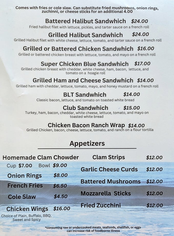 The menu reads like a love letter to seafood lovers&mdash;halibut sandwiches, clam chowder, and those legendary fish and chips stealing the spotlight.