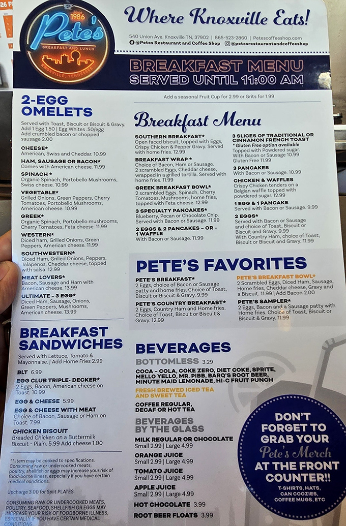 This menu isn't just a list of food&mdash;it's a roadmap to happiness with omelets, pancakes, and Pete's Favorites leading the way.