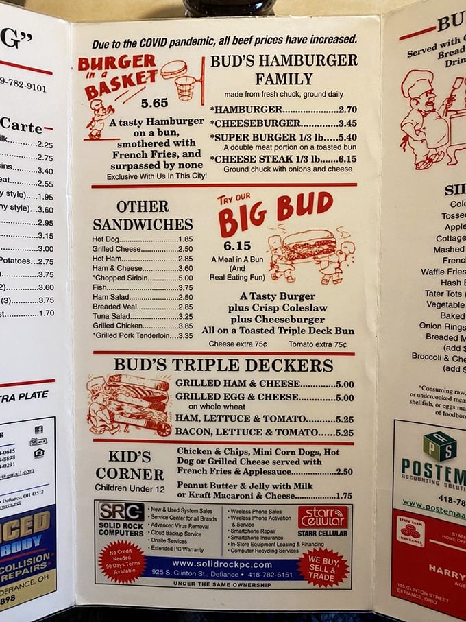 A menu that doesn't need a translator or a loan officer. The "Big Bud" promises "real eating fun"&mdash;the understatement of the century.