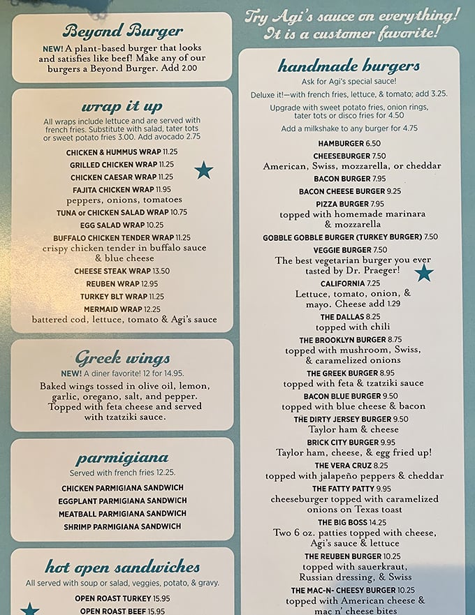 A menu that reads like a love letter to American comfort food. Agi's special sauce might be the condiment equivalent of finding an extra $20 in your pocket.