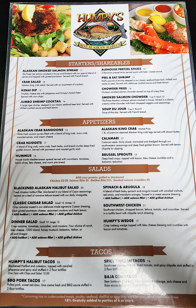 The menu reads like a love letter to Alaska's bounty. Choosing between Alaskan King Crab and Blackened Halibut might be the happiest dilemma you'll face today.