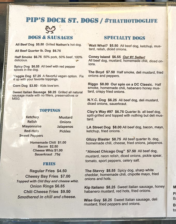 A menu that reads like poetry to hot dog enthusiasts. The Coney Island dog isn't just their #1 seller&mdash;it's a life philosophy.