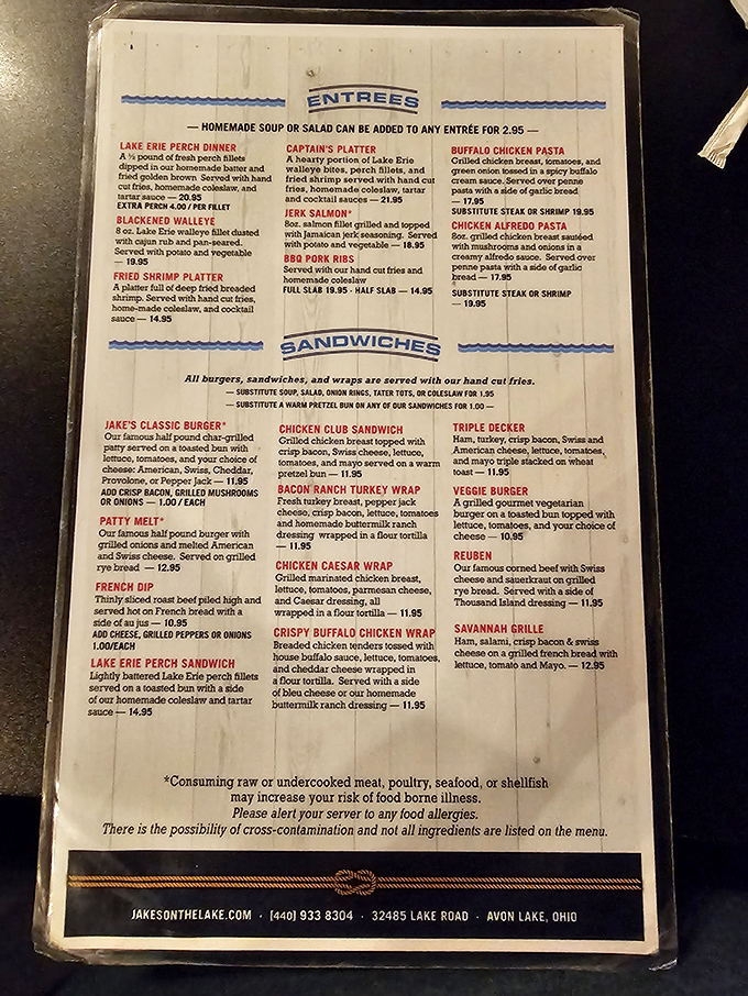 The menu reads like a love letter to Lake Erie's bounty&mdash;blackened walleye, perch dinners, and sandwiches that make choosing just one a delicious dilemma.