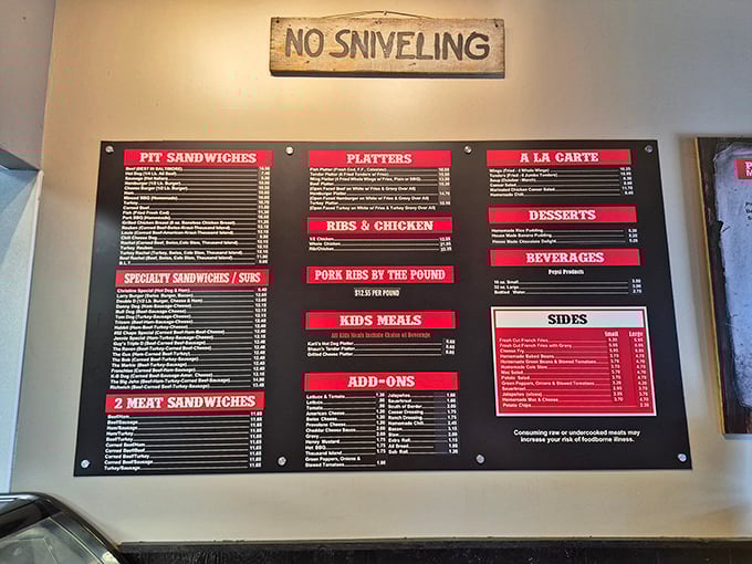 The "No Sniveling" sign says it all &ndash; this menu board is a roadmap to barbecue bliss, not a place for the indecisive.