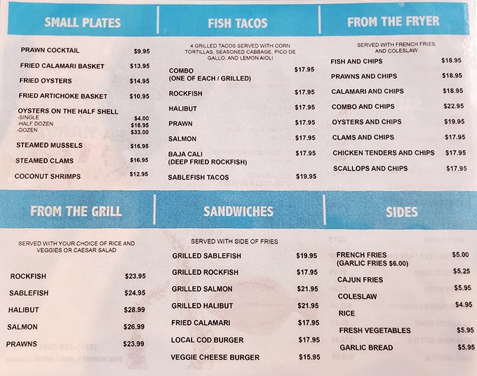 A menu that reads like seafood poetry. No foam, no "deconstructed" nonsense—just the ocean's finest hits prepared with respect.