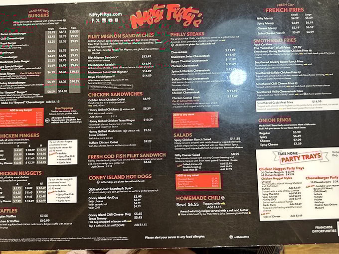 The menu at Nifty Fifty's isn't just extensive—it's a manifesto of American diner classics that makes choosing just one item feel like Sophie's Choice with french fries.