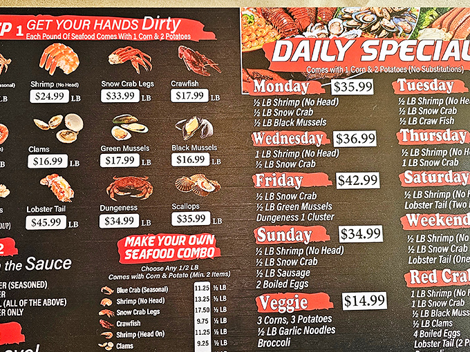 The menu doesn't mince words: "GET YOUR HANDS DIRTY" isn't just a suggestion, it's practically the restaurant's mission statement. Daily specials tempt the indecisive.