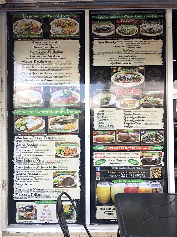 A menu board that reads like a love letter to Mexican cuisine – breakfast to dinner, huaraches to enchiladas, all promising authentic flavors.