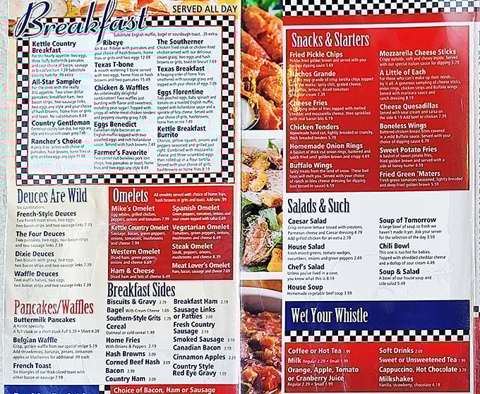 A menu that reads like a love letter to comfort food. Breakfast served all day because pancake cravings don't follow conventional schedules.