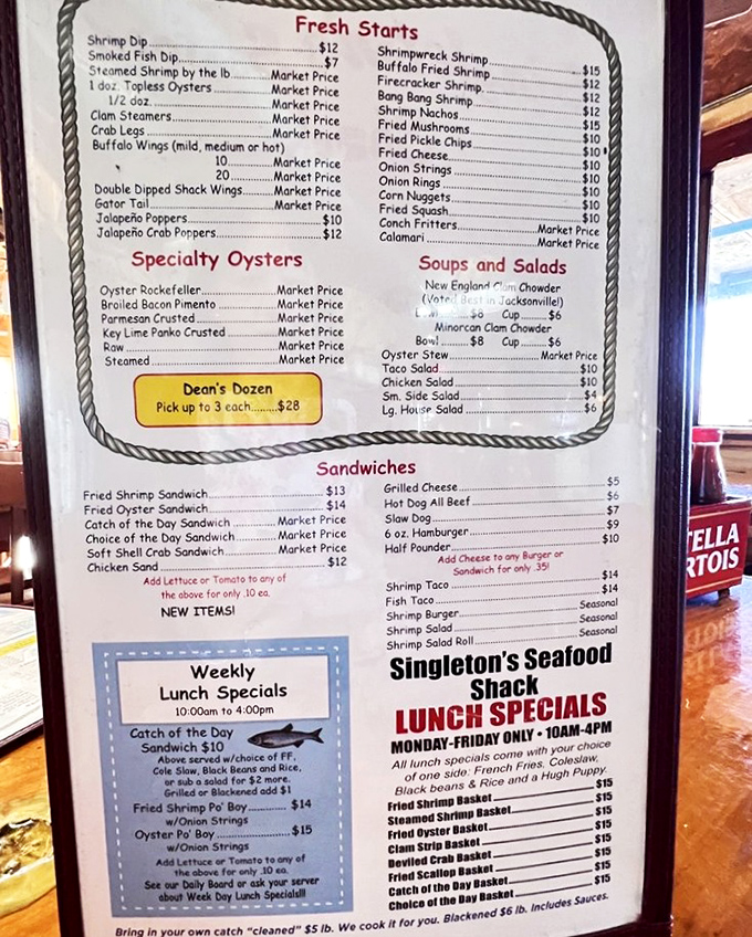 A menu that reads like a love letter to seafood lovers. Market price means it swam recently!