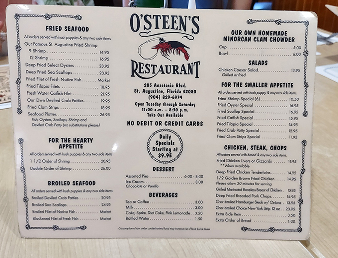 This menu is Florida's seafood bible – simple, straightforward, and promising more happiness than most legal documents you'll ever sign.