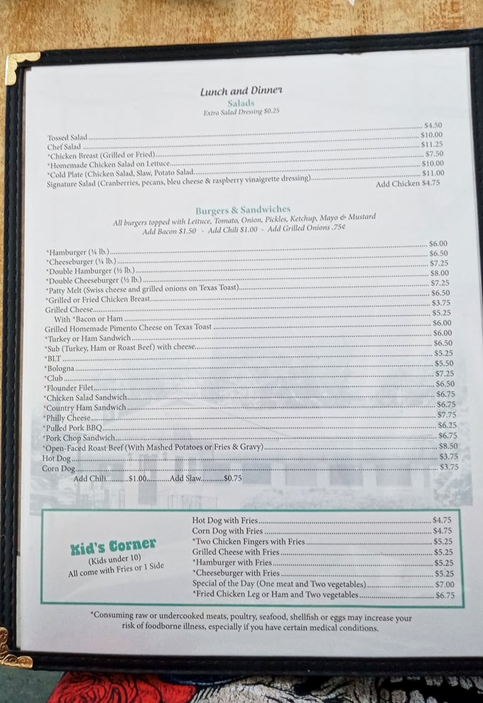 A menu that reads like a love letter to Southern comfort food, with prices that won't send you reaching for the smelling salts.