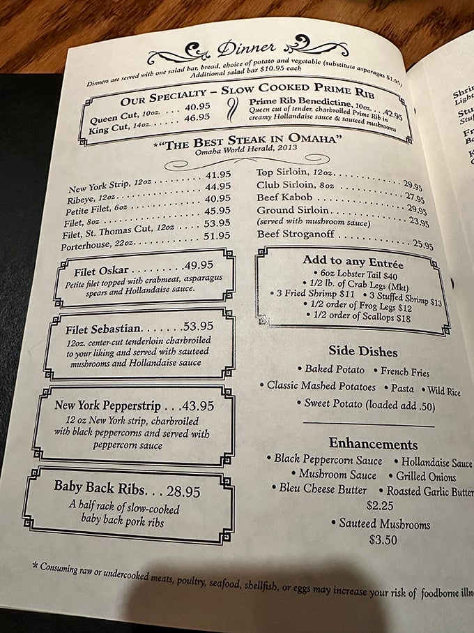 The menu doesn't mince words—it promises "The Best Steak in Omaha" with the confidence of a place that can back it up.
