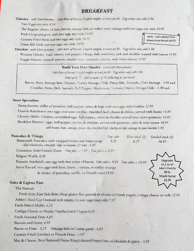 The menu reads like a love letter to breakfast classics—each option more tempting than the last, with that breakfast burrito calling your name.