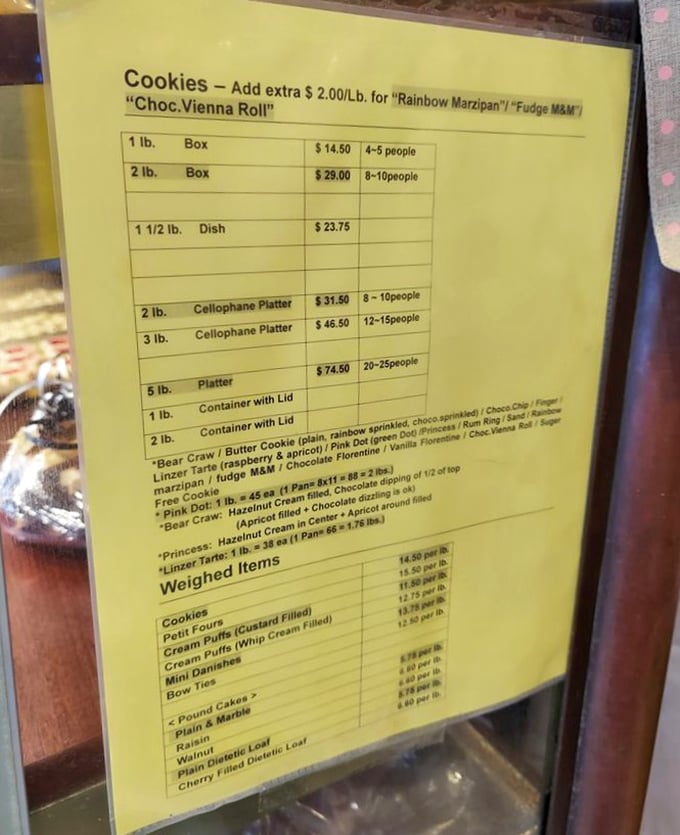 This menu isn't just a price list&mdash;it's a roadmap to happiness. The "Bear Claw" and "Princess" pastries sound like characters in a delicious fairy tale.