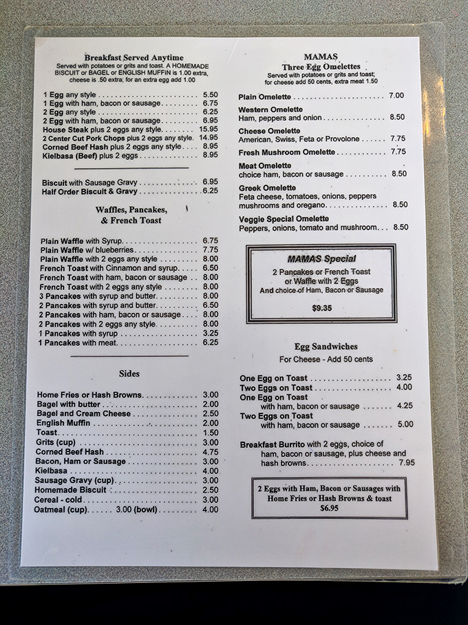 The menu reads like a love letter to breakfast classics &ndash; no fancy descriptions needed when the food speaks for itself.