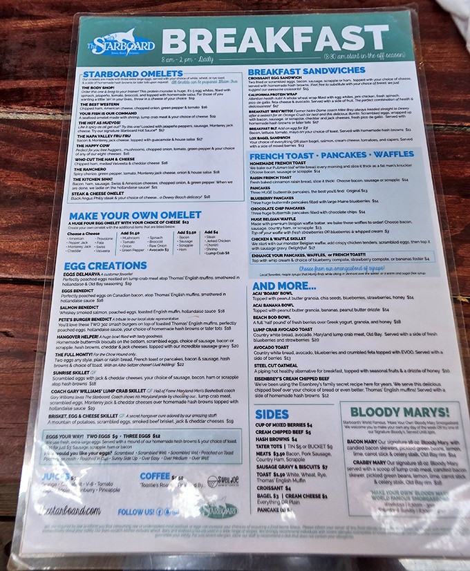 The breakfast menu reads like a love letter to morning indulgence&mdash;proof that the best days at the beach begin with eggs and end with stories.