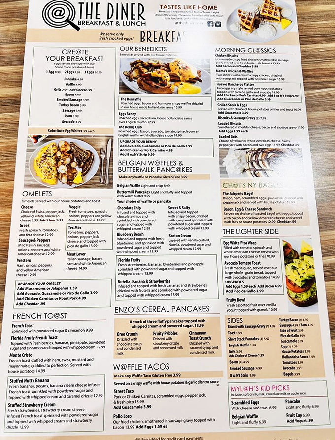 This menu isn't just a list&mdash;it's a roadmap to breakfast nirvana with sections like "Create Your Breakfast" and "Waffle Tacos" beckoning the hungry explorer.