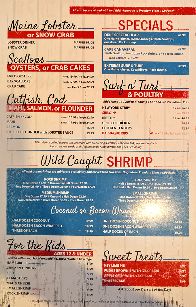 Seafood heaven decoded: From rock shrimp to Maine lobster, this menu is basically Florida's coastal bounty in text form.