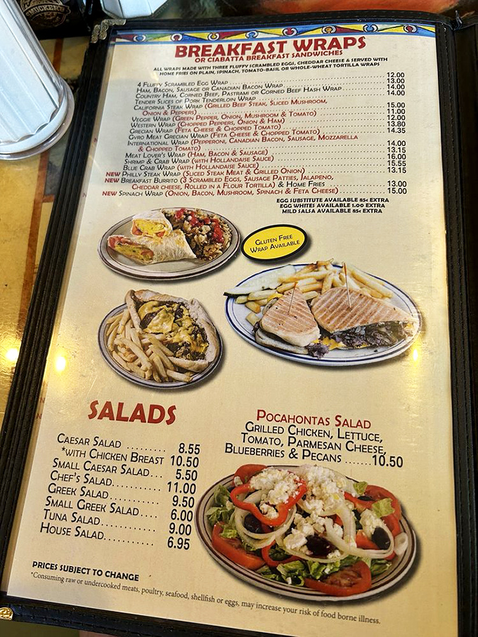 The menu reads like a breakfast lover's dream journal&mdash;wraps, salads, and specialties that make decision-making deliciously difficult.