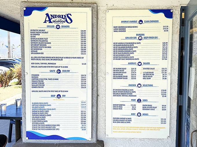 A menu that reads like a love letter to the sea. Each item promises a different aquatic adventure without requiring a second mortgage.