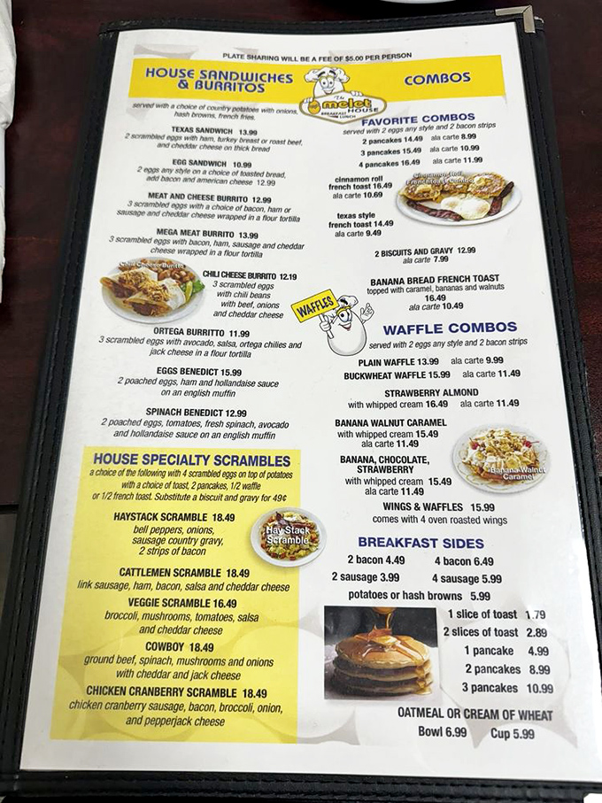 The menu reads like a love letter to breakfast classics. Each highlighted specialty scramble promises a different path to morning happiness.