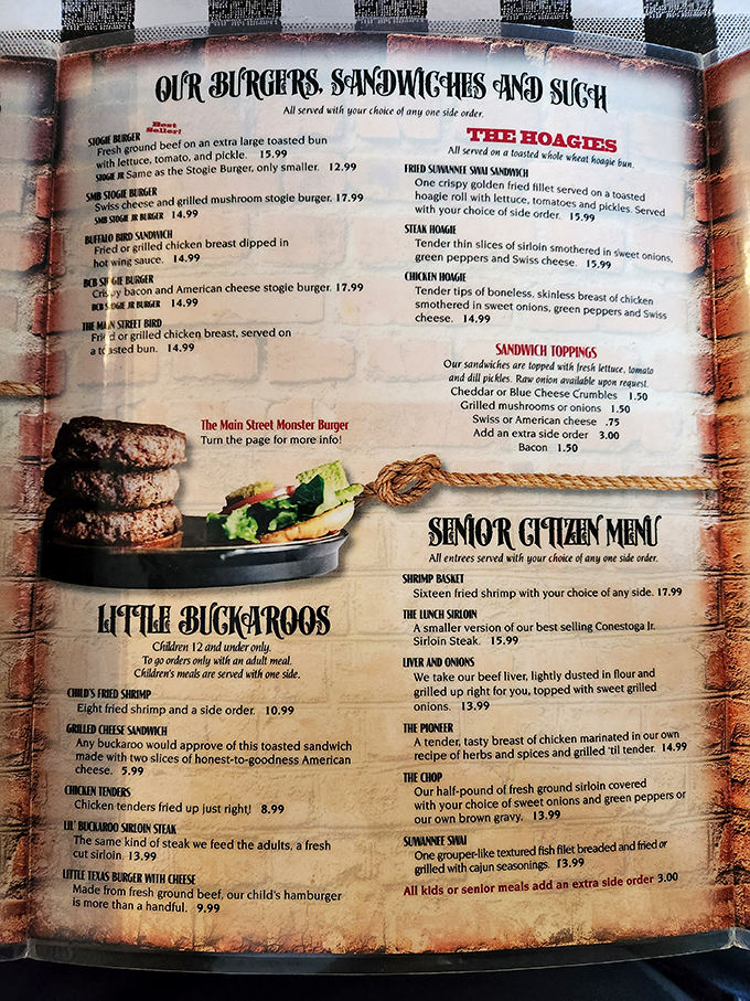 The menu reads like a love letter to comfort food classics, with burgers, sandwiches, and those legendary steaks taking center stage in this culinary story.