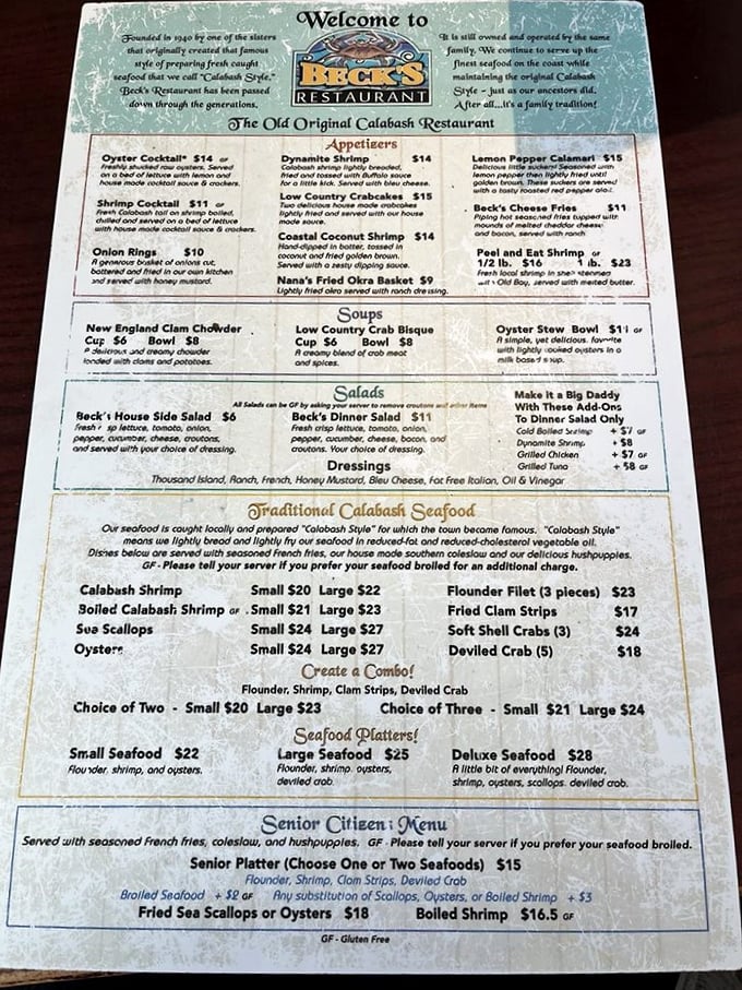 The menu tells a delicious story of Calabash tradition&mdash;each item a chapter in North Carolina's seafood legacy.