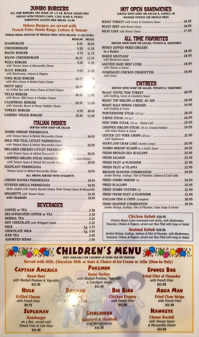 A menu so extensive it could double as light reading material. The superhero-themed kids' section might be the real hero here.