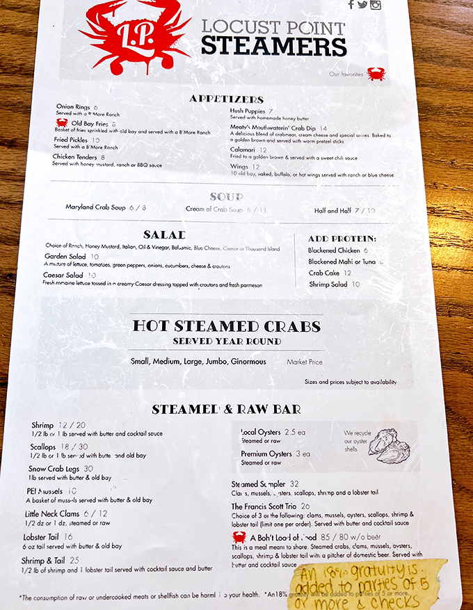 The menu reads like a love letter to Maryland seafood, with steamed crabs available year-round and seafood combinations that could make Neptune jealous.