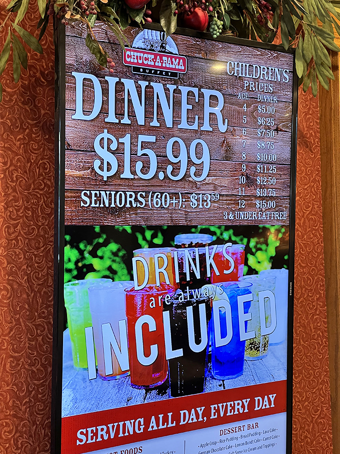 The digital menu board tells the story we all want to hear: reasonable prices, included drinks, and the promise of unlimited trips to food nirvana.